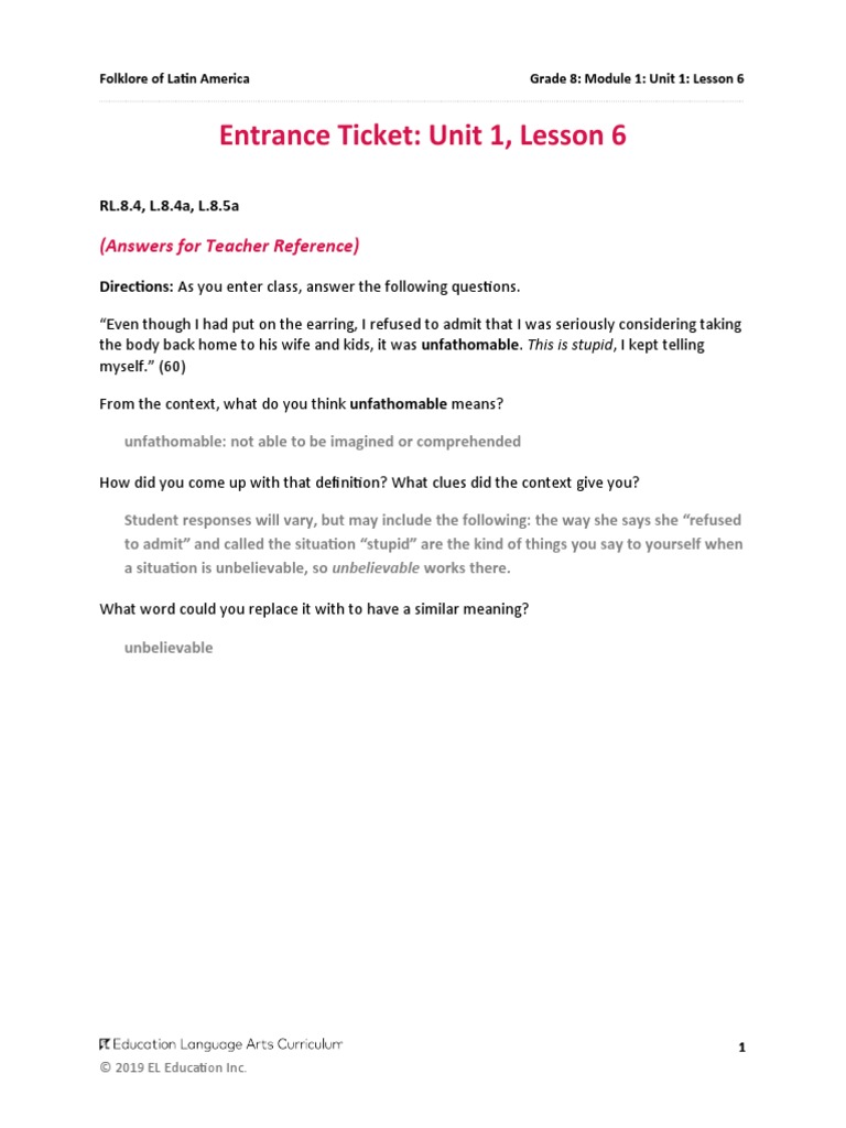 Entrance Ticket: Unit 1, Lesson 6: (Answers For Teacher Reference) | PDF