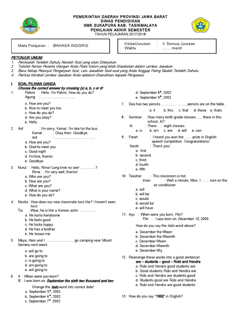 Soal PAS Bahasa Inggris Kelas X Ganjil | PDF | Room | Language Mechanics