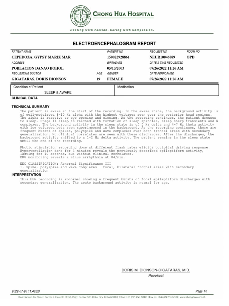 Electroencephalogram Report: Cepedoza, Gypsy Mariz Mar 150022928861 ...