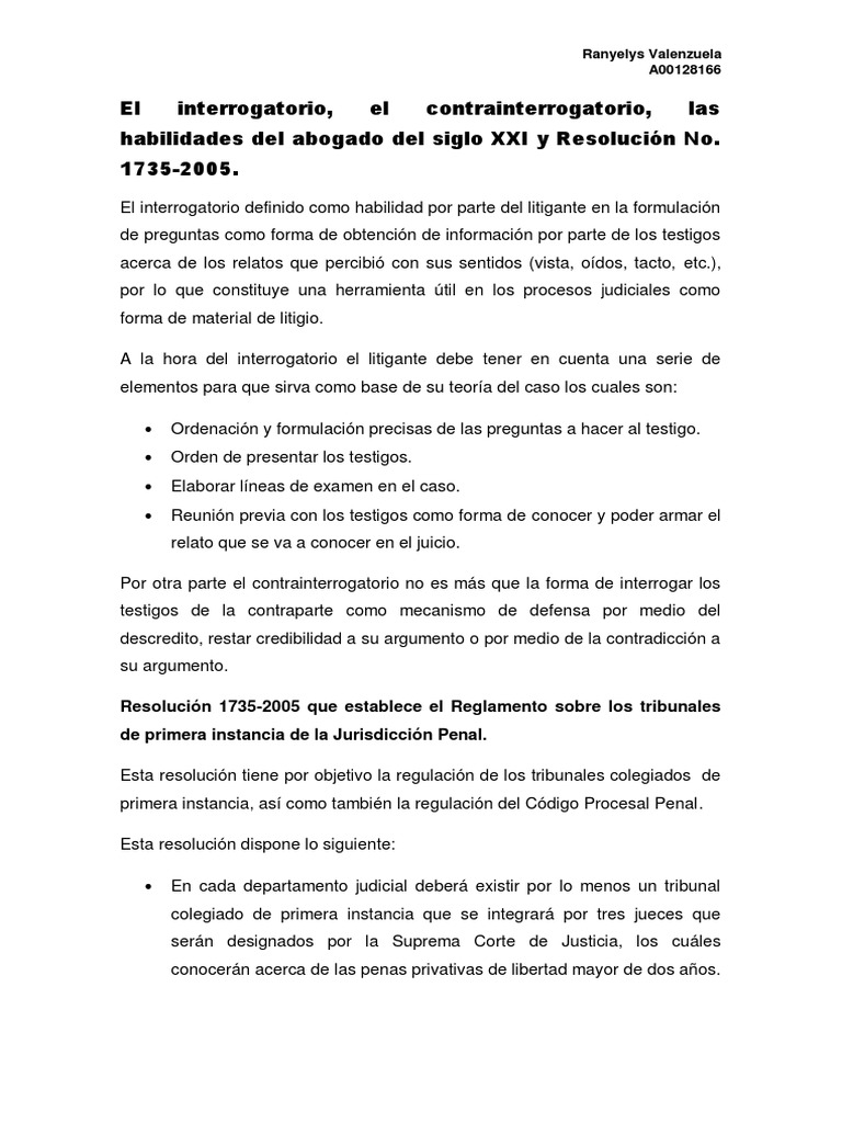 El Interrogatorio, Contrainterrogatorio, Resolución 1735-2005 | PDF ...