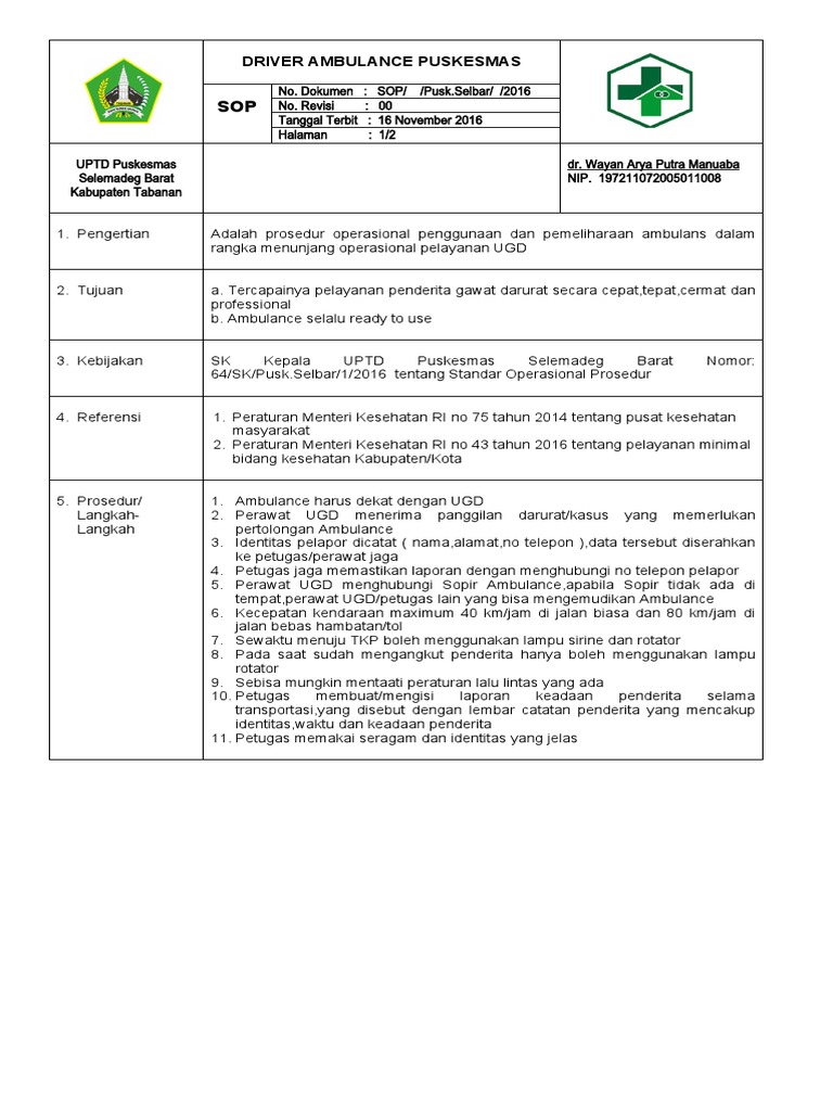 Sop Driver Ambulance | PDF
