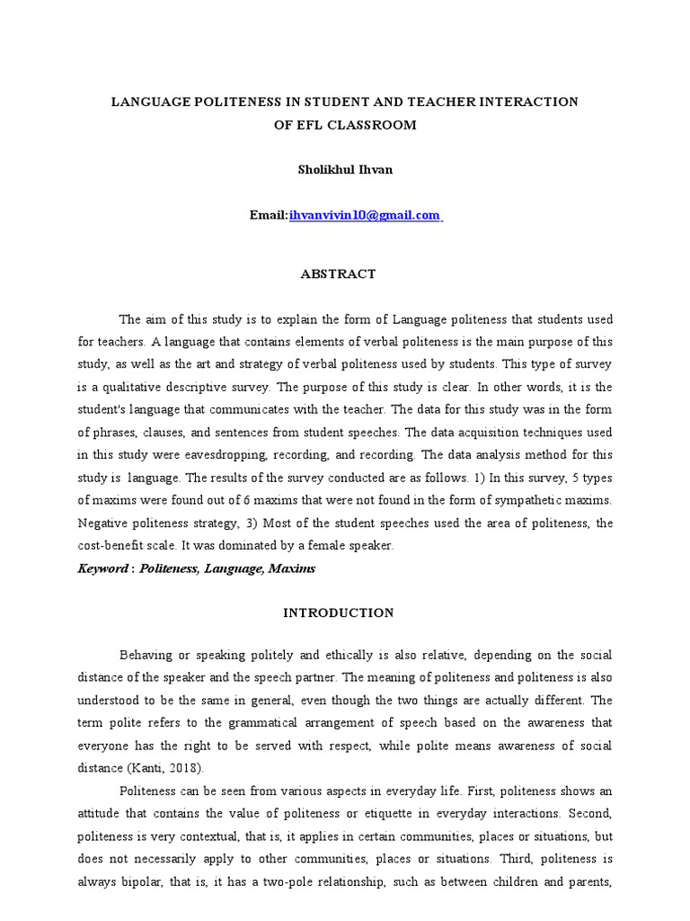 Language Politeness of Efl Classroom | PDF | Communication | Speech