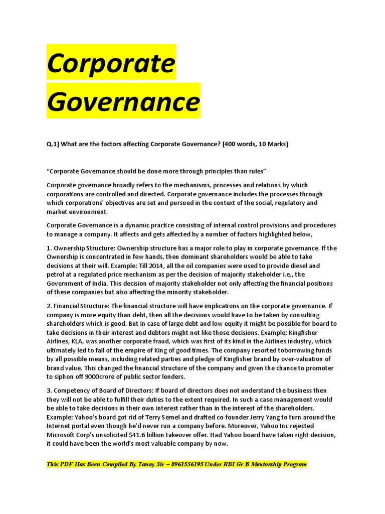 Corporate Governance: Q.1) What Are The Factors Affecting Corporate ...