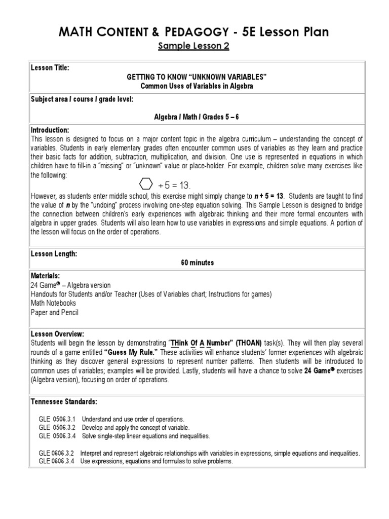 5 E Lesson Plan - Getting To Know Unknown Variables | PDF | Equations ... 5 E Lesson Plan - Getting To Know Unknown Variables | PDF | Equations ...