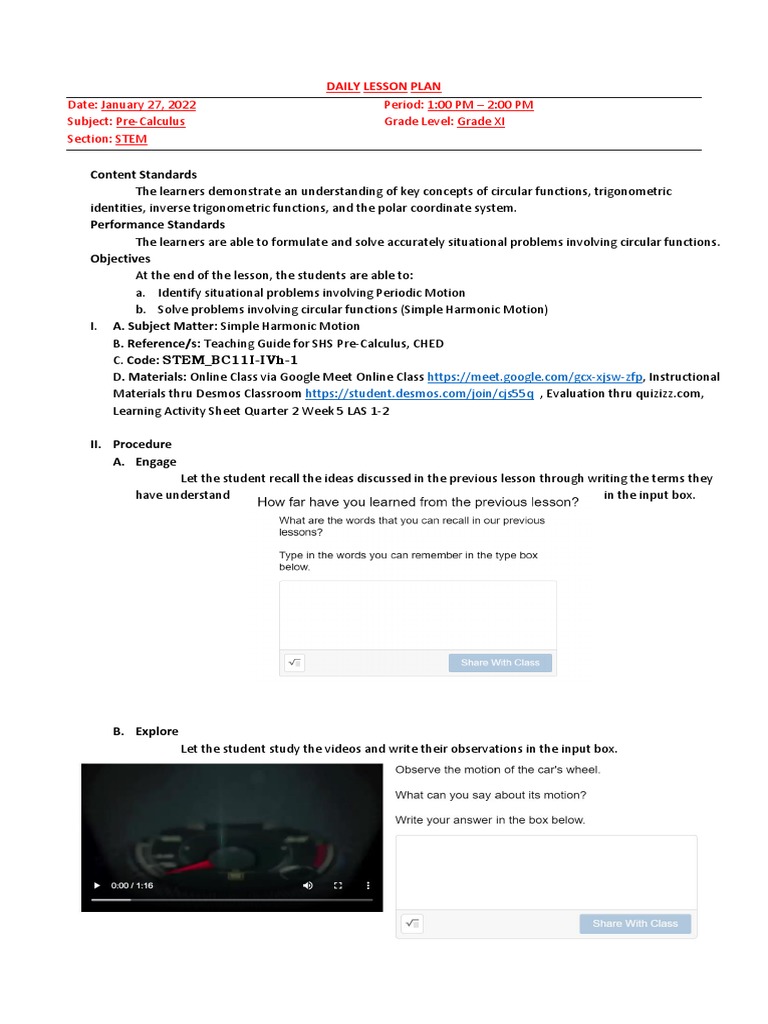 Pre-Cal Q2 W5 Simple Harmonic Motion | PDF | Oscillation | Lesson Plan