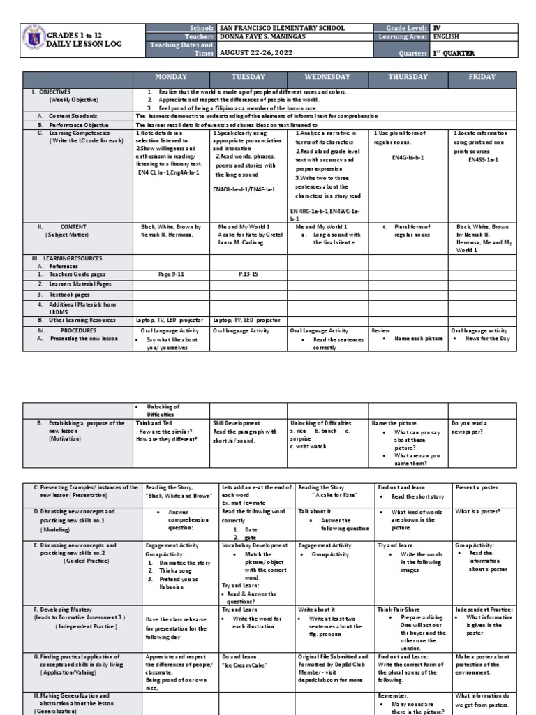 GRADES 1 To 12 Daily Lesson Log AUGUST 22-26, 2022: Monday Tuesday ...