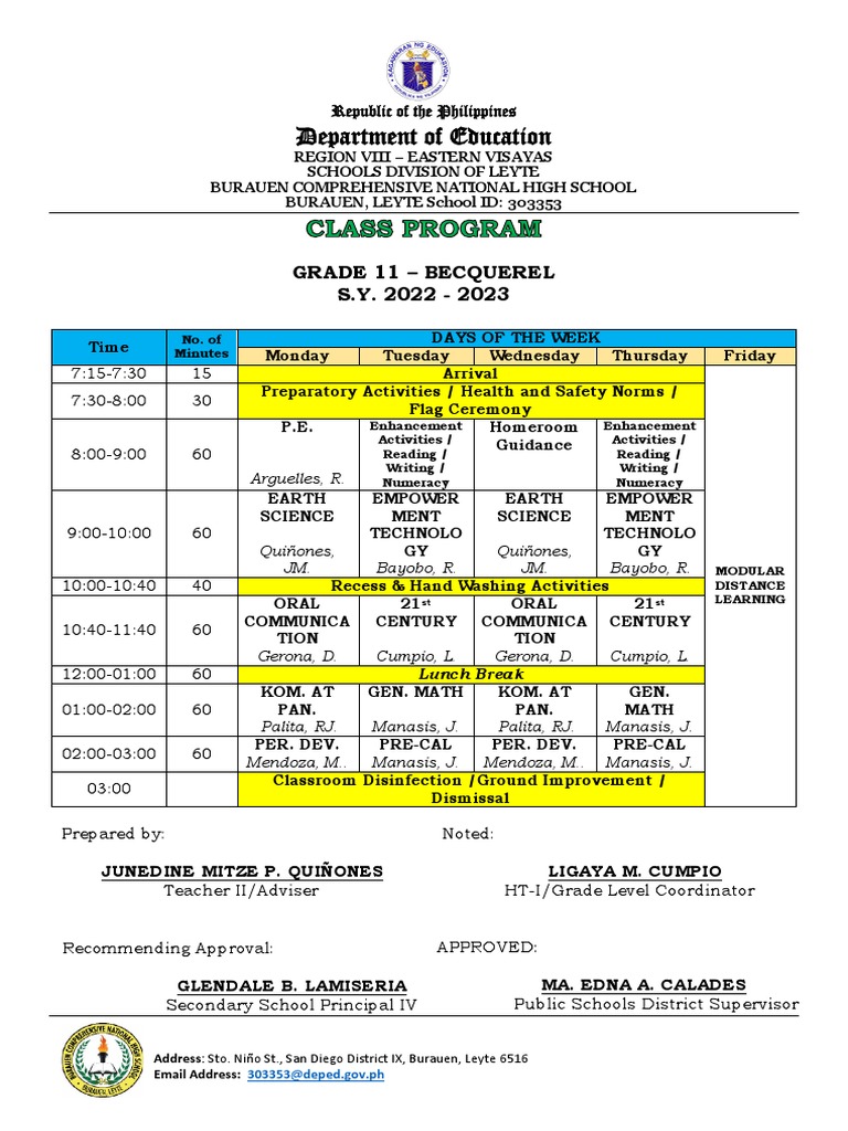 1ST - Semester Class Program 2022-2023 | PDF | Educational Institutions ...