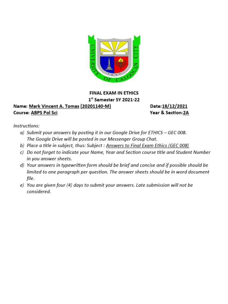 Final Exam Answers for Ethics GEC 008 | PDF | Reason | Truth