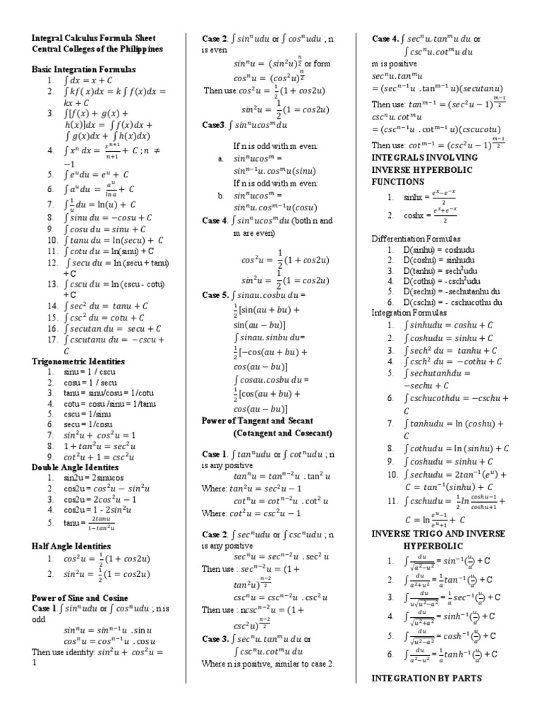 Integral Calculus V2 Formula Sheet | PDF | Trigonometric Functions ...