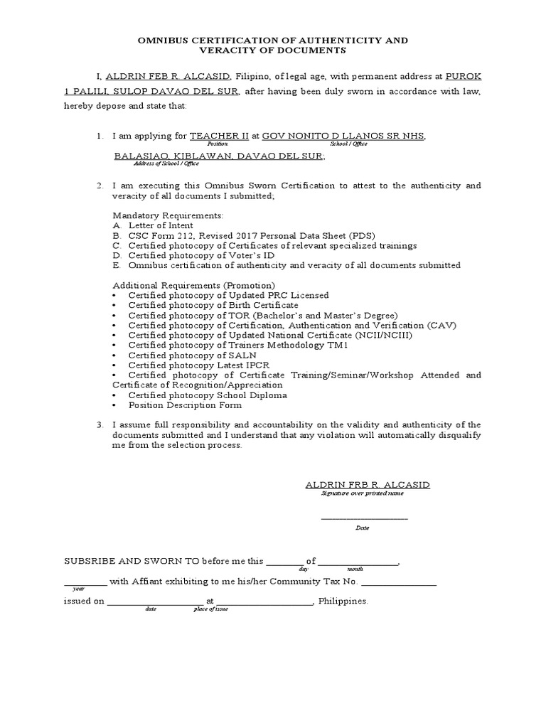 Omnibus Certification for Teacher II Application | PDF | Access Control ...