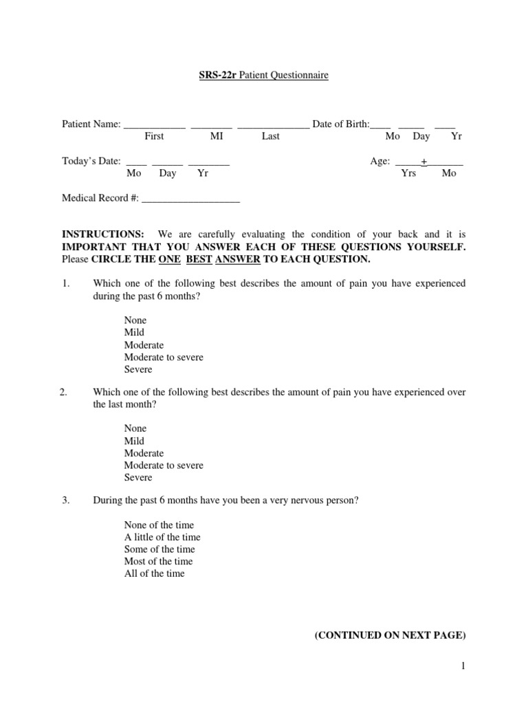 SRS-22r Patient Questionnaire | PDF | Pain | Health Sciences