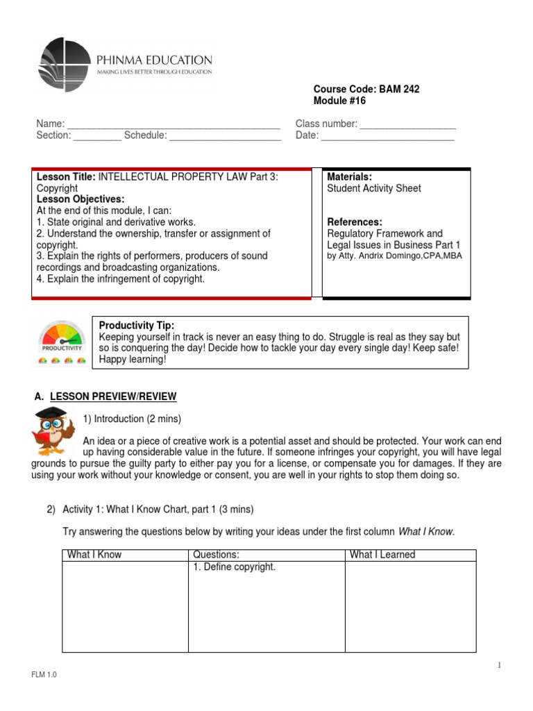 Name: - Section: - Schedule: - Class Number: - Date | PDF | Copyright | Derivative Work