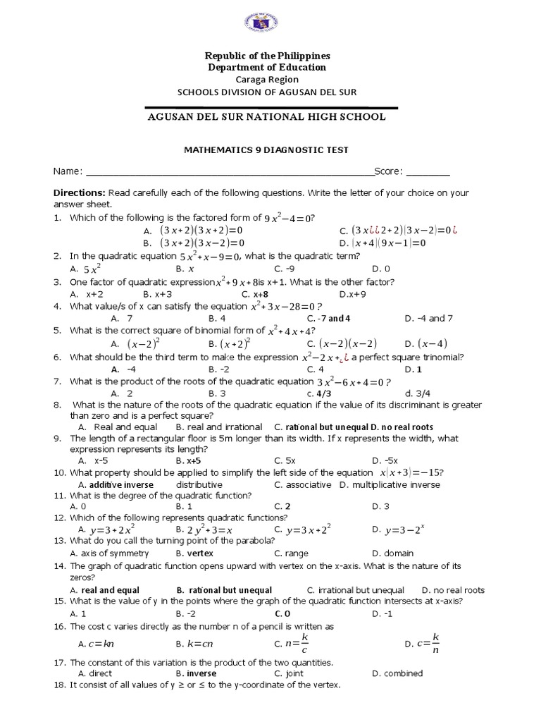 Diagnostic Test Grade 9 Mathematics FOR PRINT | PDF | Triangle ...