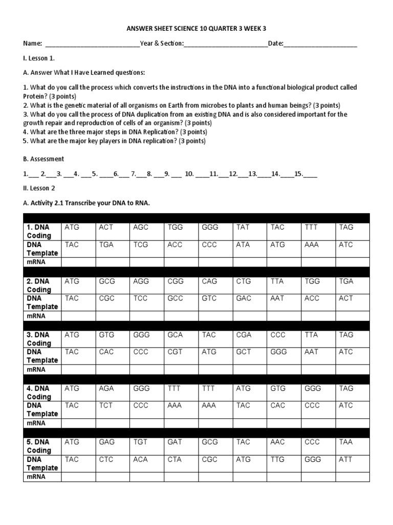 Answer Sheet Science 10 Quarter 3 Week 3 | PDF | Dna | Biomolecules