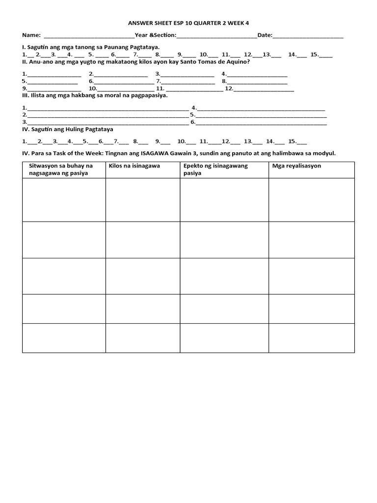 Answer Sheet Esp 10 Quarter 2 Week 4 | PDF