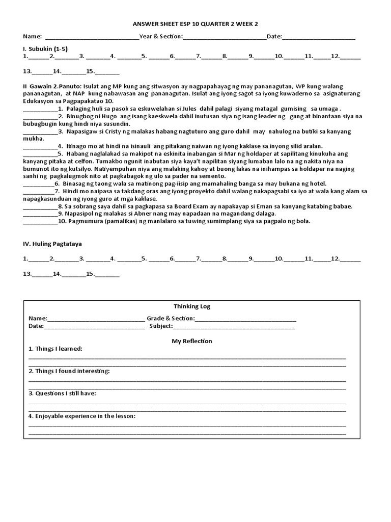 Answer Sheet Esp 10 Quarter 2 Week 2 | PDF