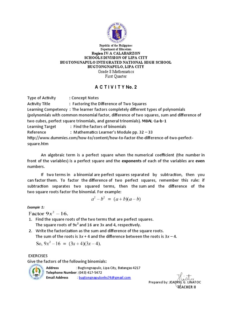 Grade 8 Mathematics First Quarter: Activityno.2 | PDF | Factorization | Numerical Analysis