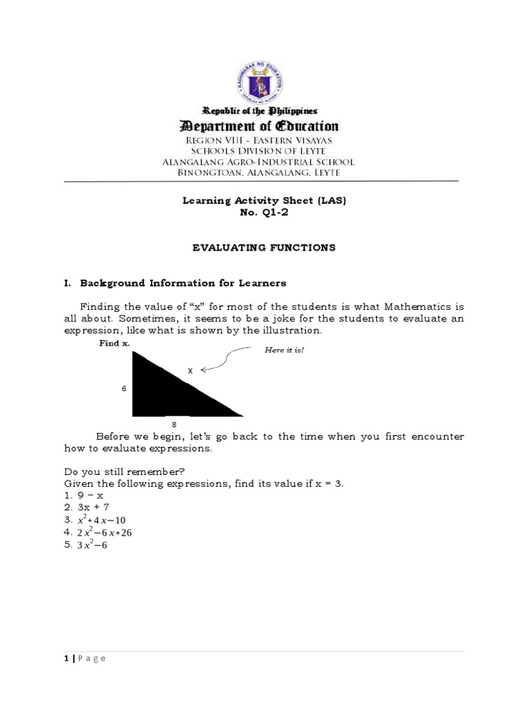 Learning Activity Sheet (LAS) No. Q1-2 Evaluating Functions I ...