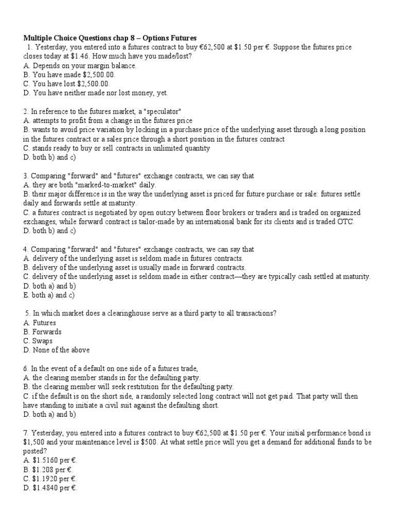 Multiple Choice Questions Chap 8 - Options Futures | Download Free PDF ...