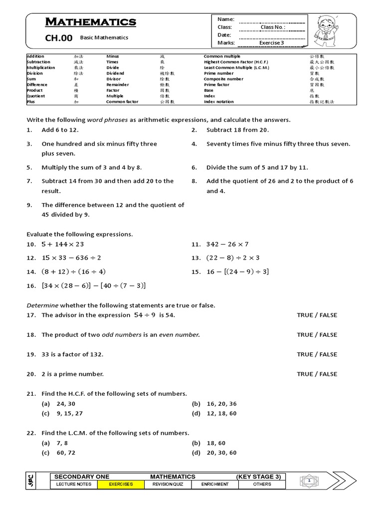 Mathematics: Name: Class: Class No.: Date: Marks: Exercise 3 Basic Mathematics | PDF | Division ...