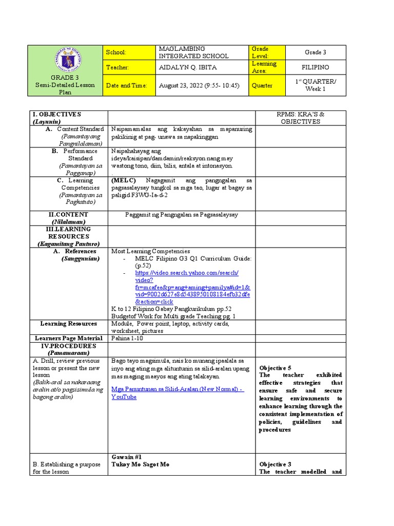 FILIPINO 1 Ibita Lesson Plan DAY 2 | PDF