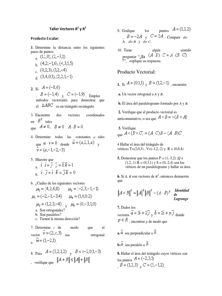 Taller Vectores R2 y R3 | PDF | Vector Euclidiano | Triángulo