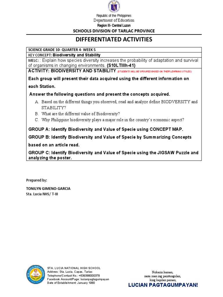 Differentiated Activities - Tonilyn G Garcia - Sta. Lucia NHS | PDF