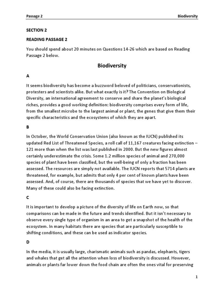 12 Passage 2 - Biodiversity Q14-26 | PDF | Biodiversity | Conservation ...