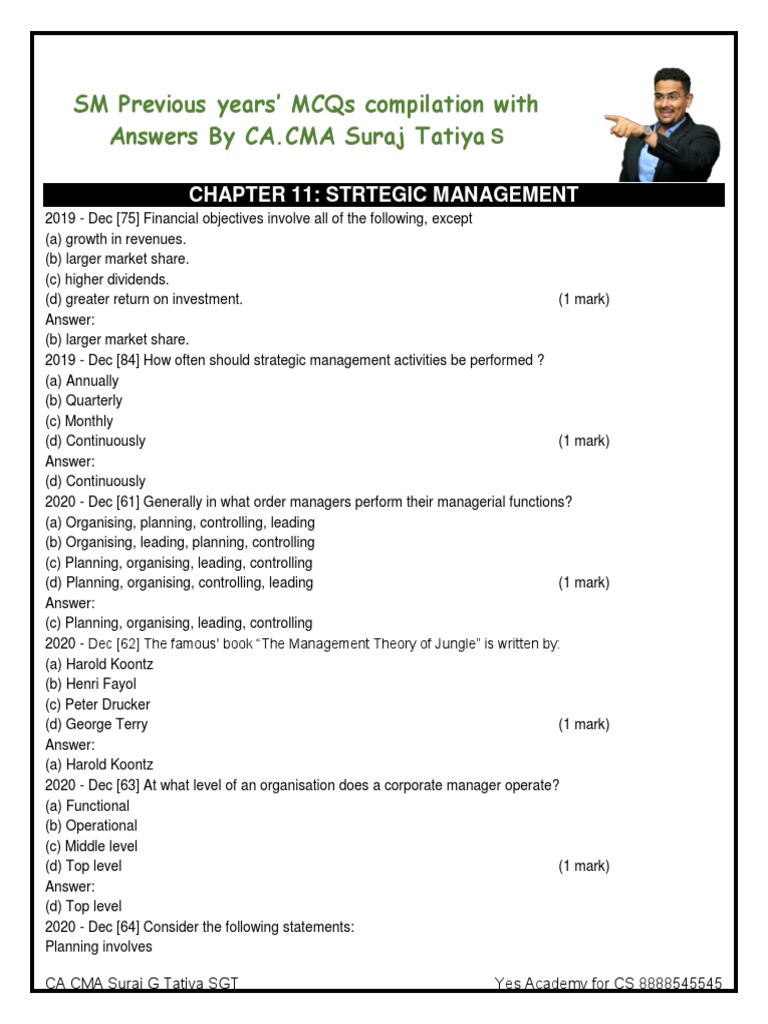 SM PY Mcqs by CA CMA Suraj Tatiya | PDF | Strategic Management | Swot Analysis
