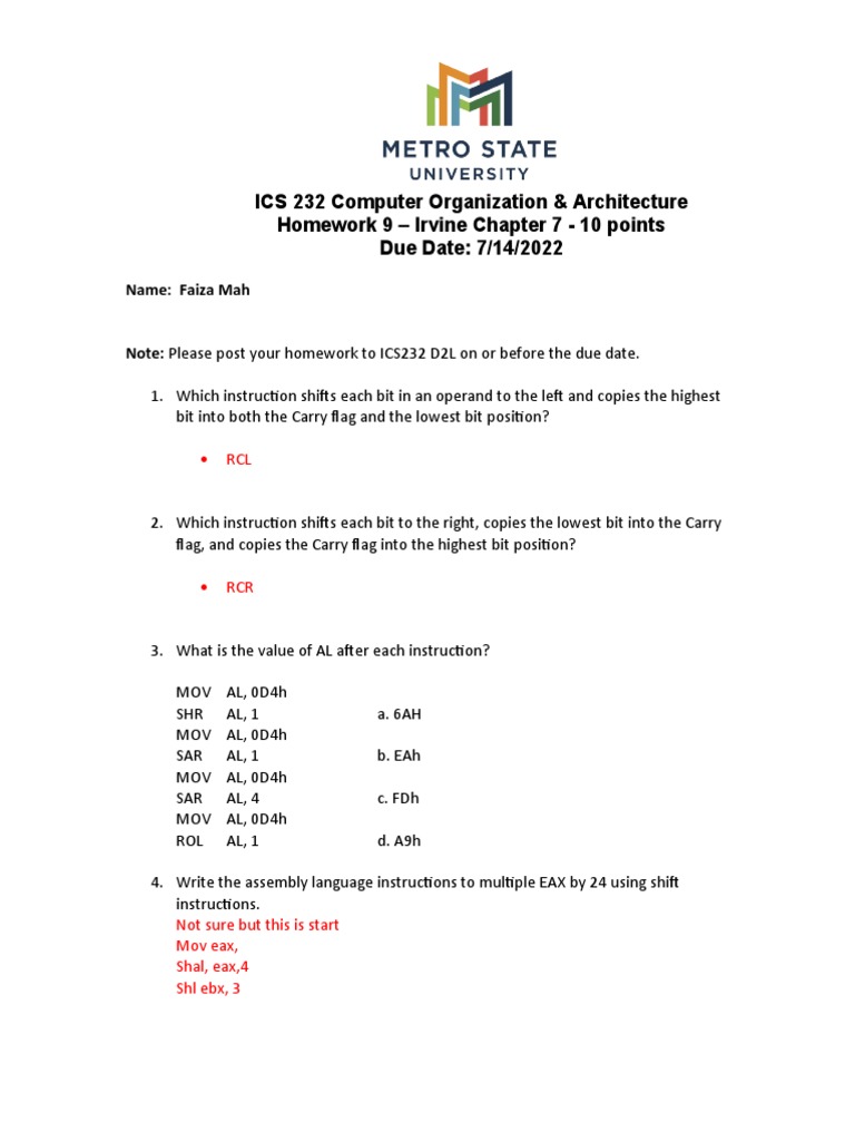ICS 232 Computer Organization & Architecture Homework 9 - Irvine Chapter 7 - 10 Points Due Date ...