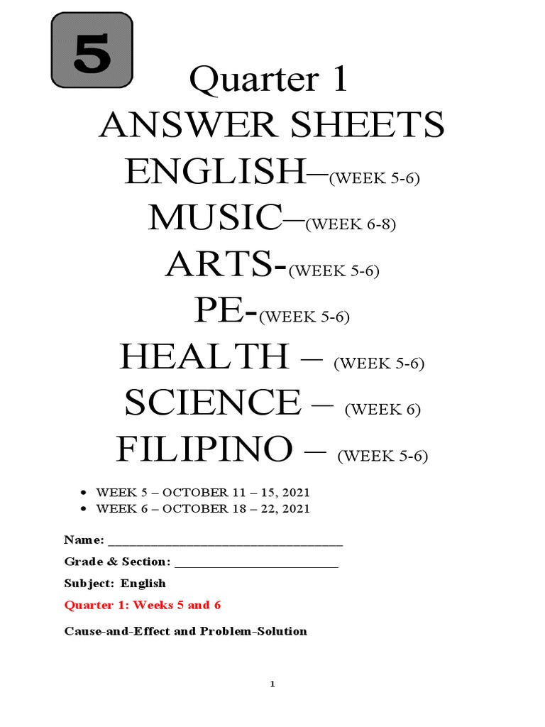 Quarter 1 Answer Sheets English - Music - Arts-PE - Health - Science ...