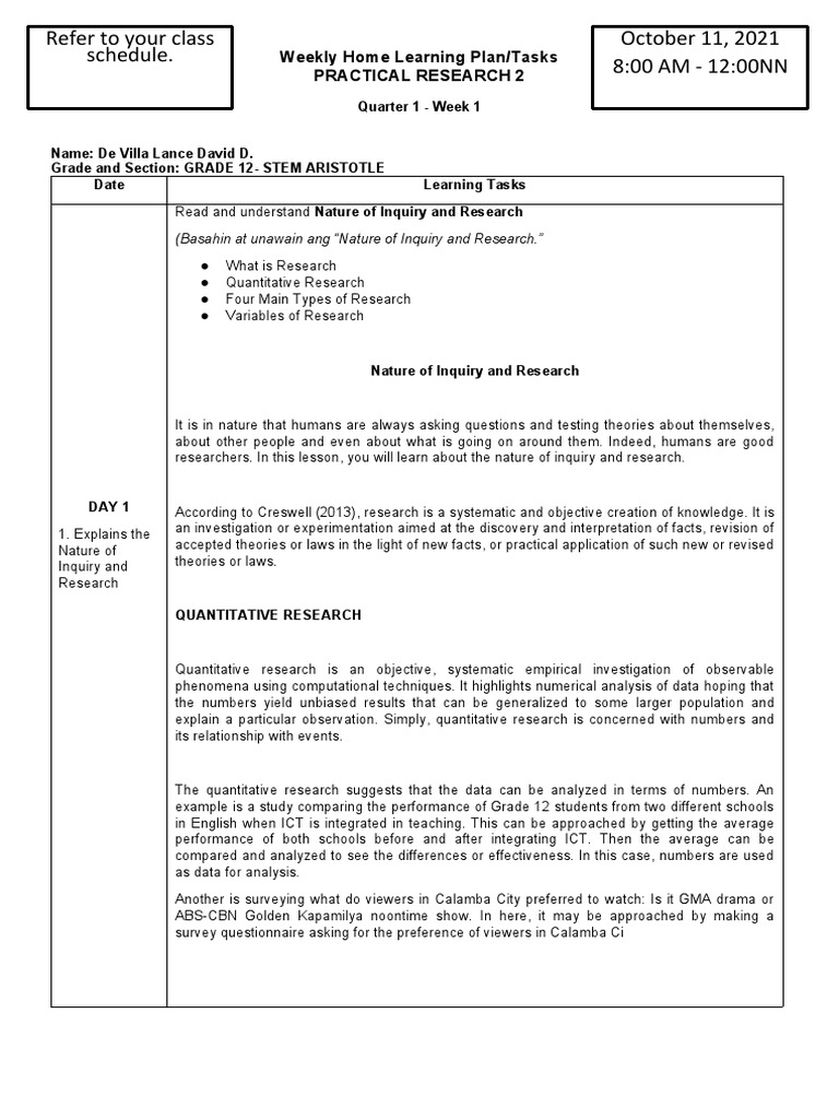 Week 1 Home Learning: Research Basics | PDF | Statistics | Quantitative ...