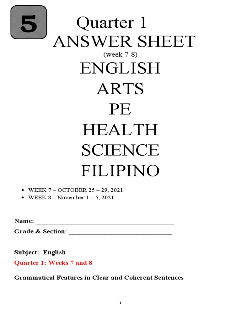 Quarter 1 Answer Sheet English Arts PE Health Science Filipino | PDF ...
