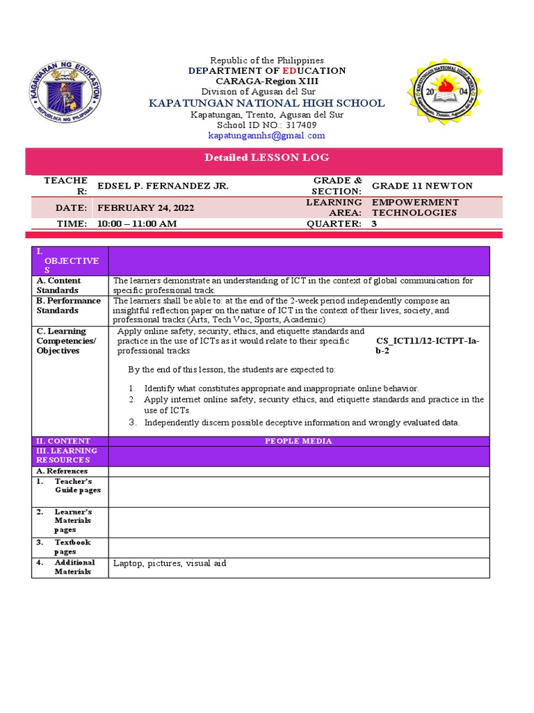 Lesson Plan Cot 2 Empowerment Technologies Final | PDF | Educational Technology | World Wide Web