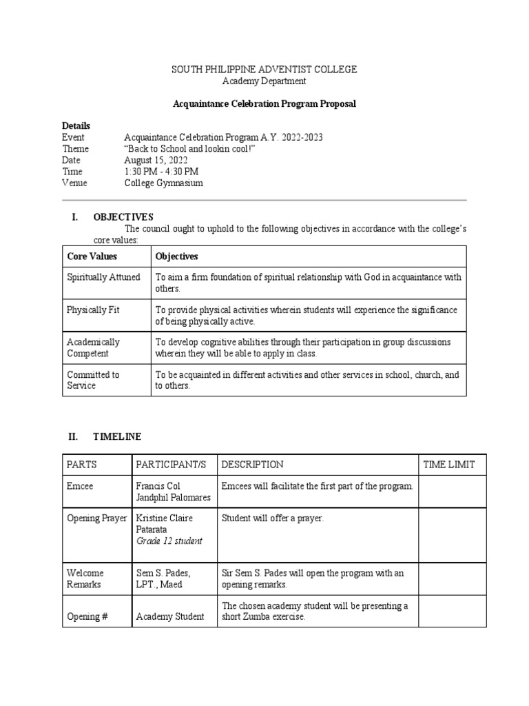 Acquaintance Celebration Program Proposal Details: Grade 12 Student ...