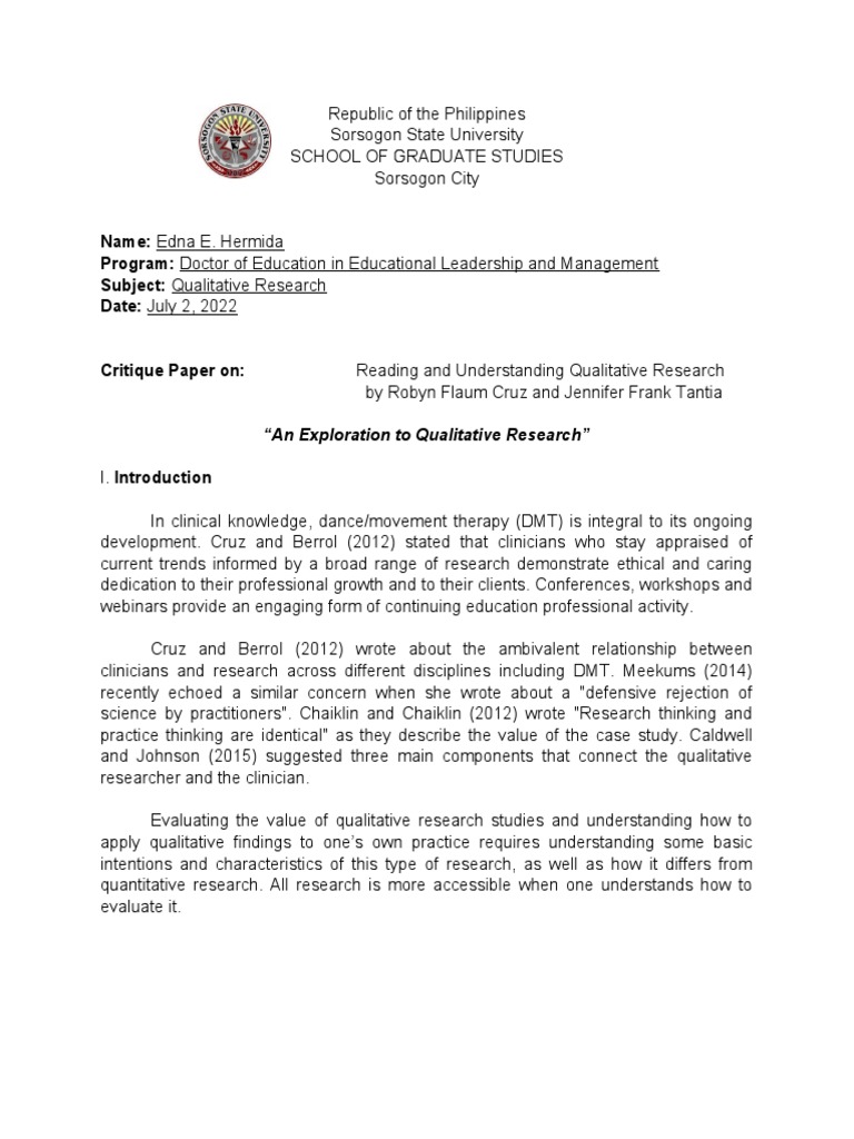 Sample Critique Paper | Download Free PDF | Qualitative Research ...