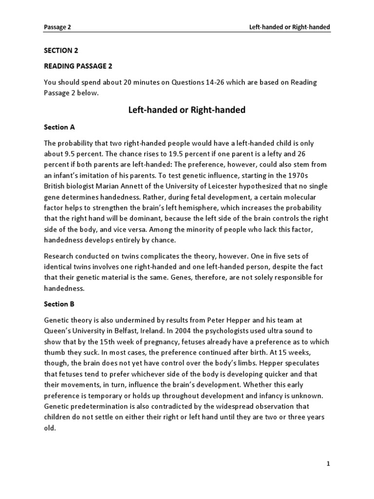 20 Passage 2 - Left-Handed or Right-Handed Q14-26 | PDF | Handedness ...