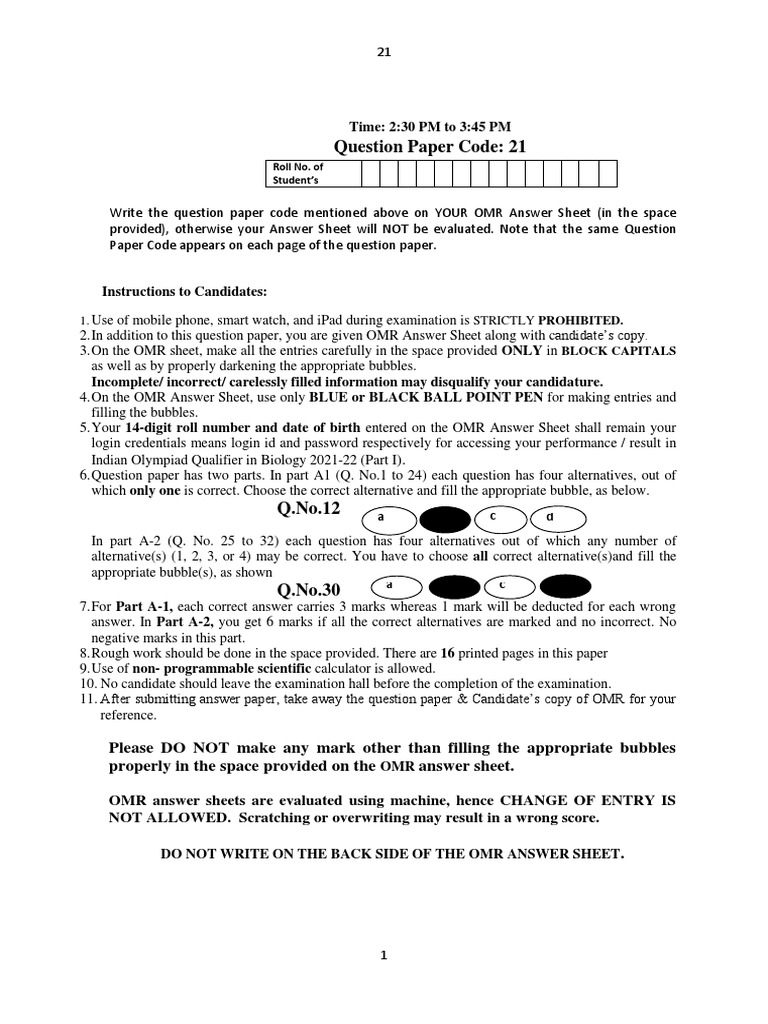 Question Paper Code: 21: Time: 2:30 PM To 3:45 PM | PDF | Allele ...