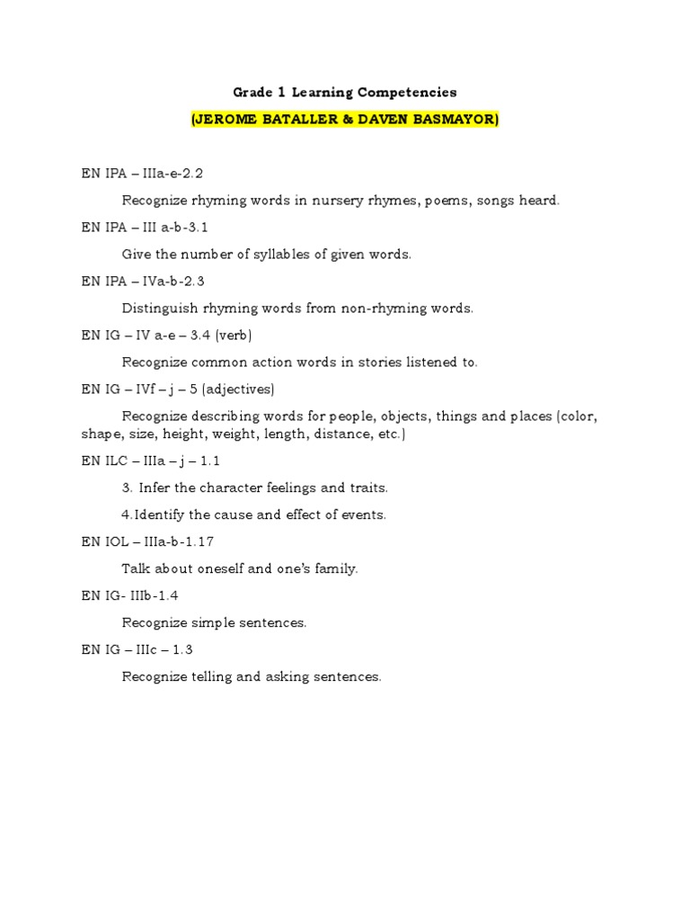 Grade 1 Learning Competencies (Jerome Bataller & Daven Basmayor) | PDF ...
