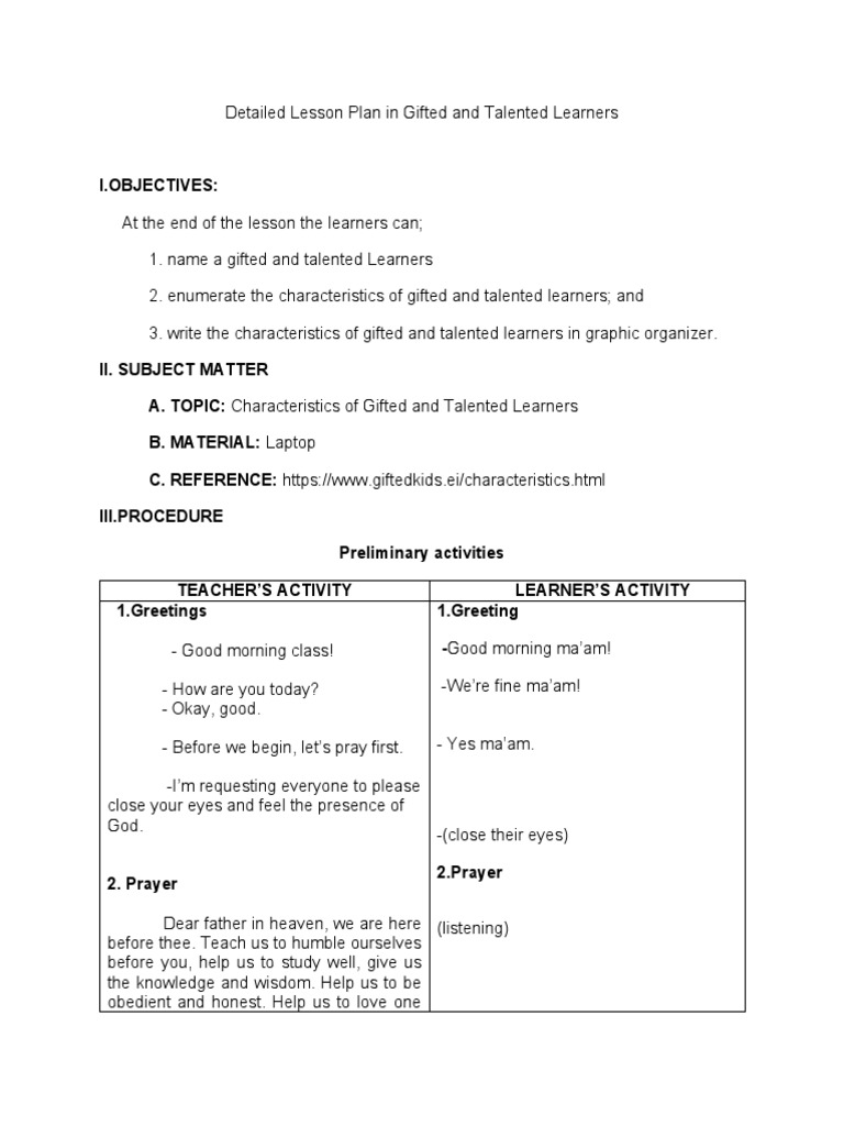 Lesson Plan in Gifted and Talented Learners | PDF | Intellectual ...
