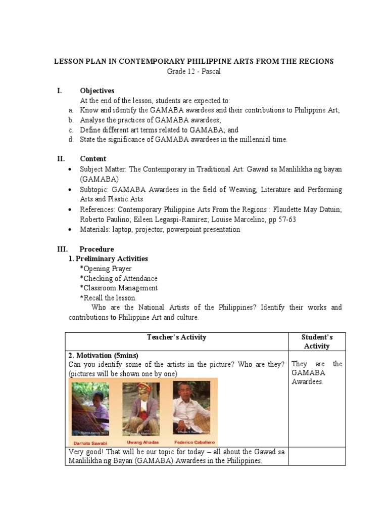 Lesson Plan in Contemporary Philippine Arts From The Regions I ...
