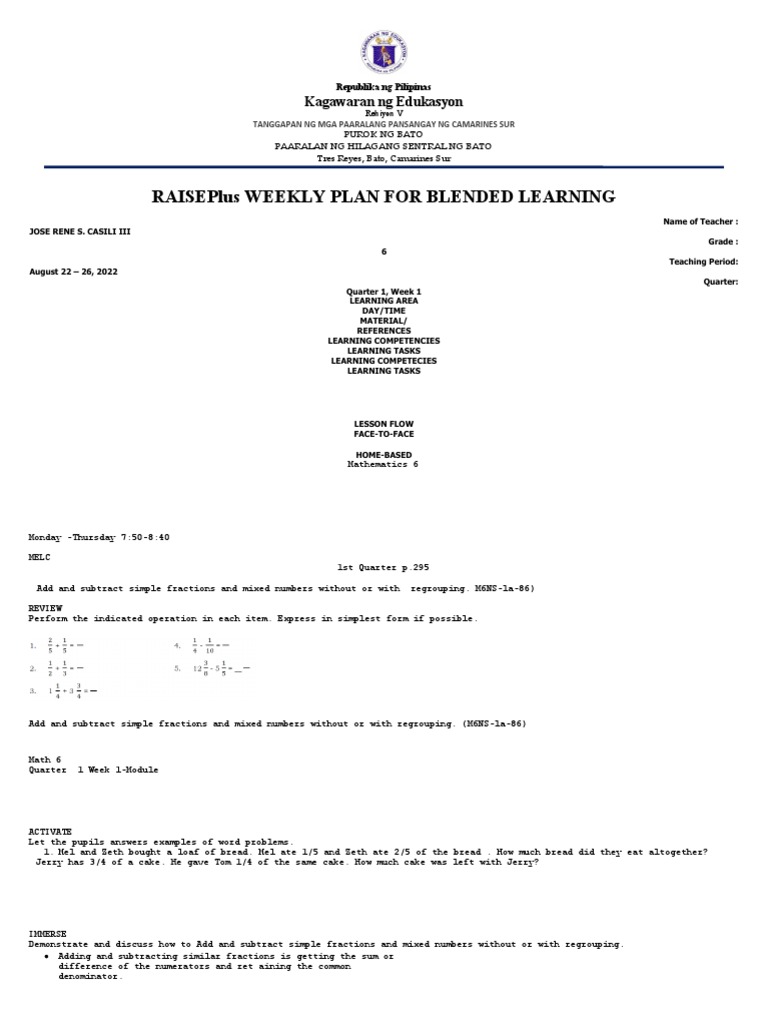 Raiseplus Weekly Plan For Blended Learning: Kagawaran NG Edukasyon | PDF | Lexicology | Mathematics