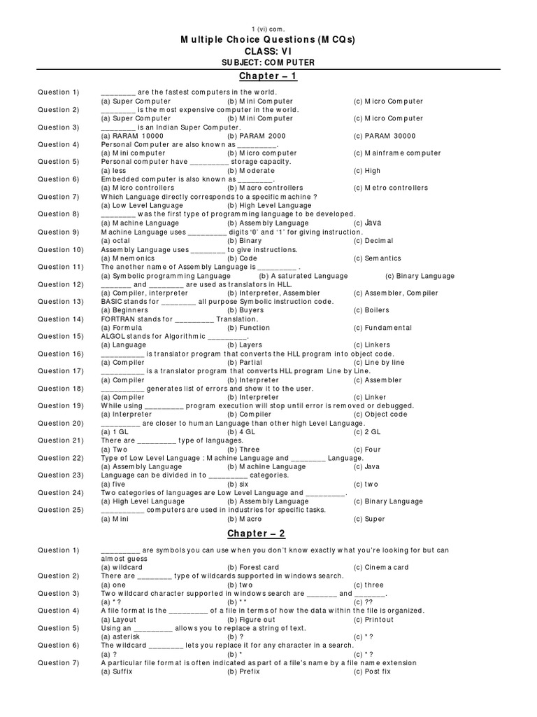 Multiple Choice Questions (MCQS) Class: Vi Chapter - 1: Subject: Computer | Download Free PDF ...