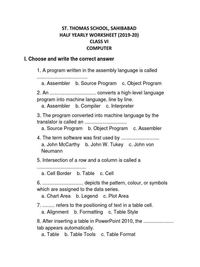 St. Thomas School, Sahibabad Half Yearly Worksheet (2019-20) Class Vi Computer | PDF ...
