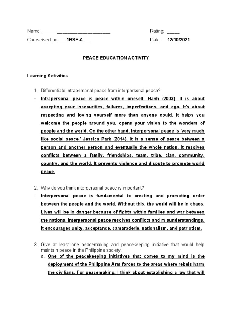 NSTP 1peace Education Activity | PDF | Peace | Peacekeeping