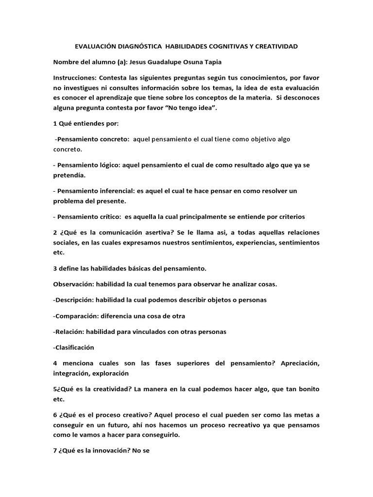 Evaluación Diagnóstica Habilidades Cognitivas Y Creatividad Pdf