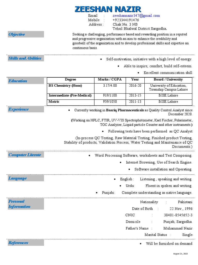 Zeeshan Nazir CV | PDF | Communication | Cognition
