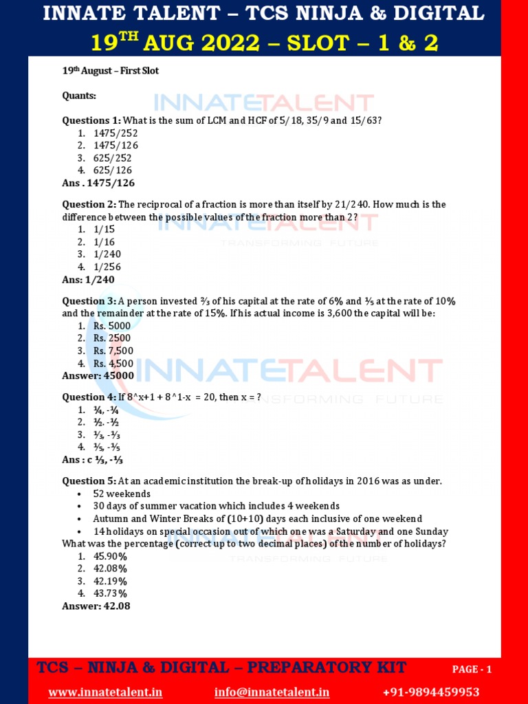 TCS - AUG 19th - Slot 1 & 2 Questions | PDF | String (Computer Science) | Percentage