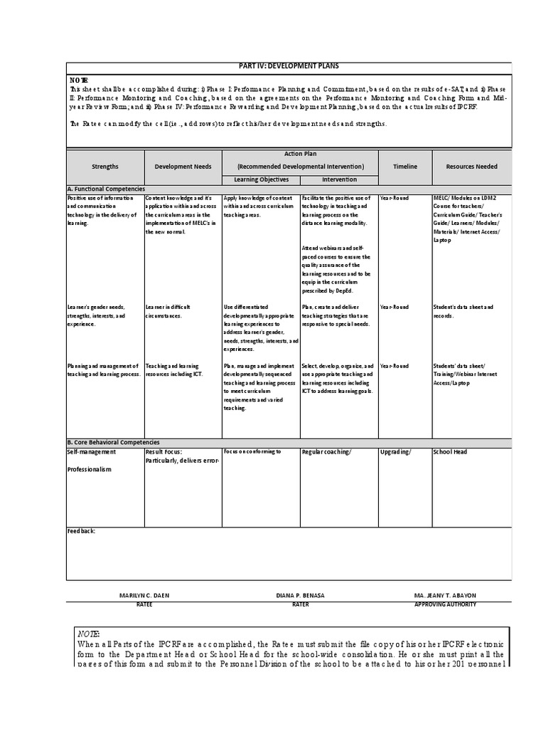 Part Iv: Development Plans: Ratee Rater Approving Authority | PDF ...