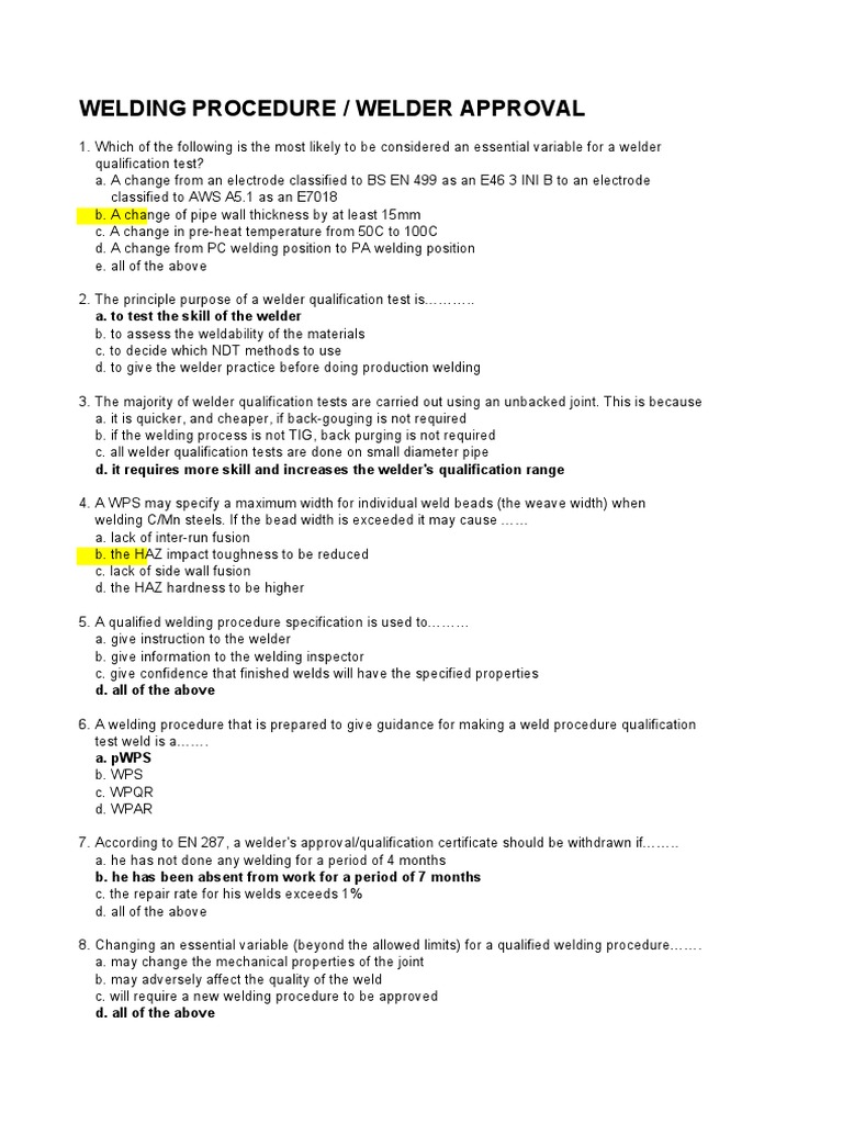 Multiple Choice 10 Welding Procedure Welder Approval | PDF | Welding ...